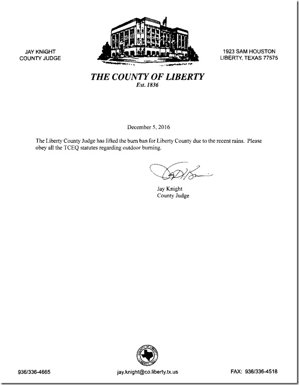 LIBERTY COUNTY BURN BAN LIFTED | montgomery county police reporter